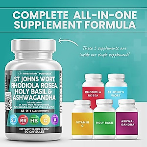 Clean Nutraceuticals St Johns Wort 10000mg Rhodiola Rosea 20000mg Holy Basil 3000mg Ashwagandha 6000mg - Mood Support for Women and Men with Vitamin C & Black Pepper Extract - 90 Caps