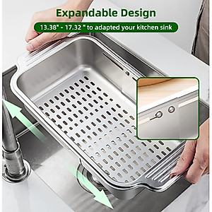 DOXILA Over the Sink Colander Strainer Basket - Kitchen Essentials for New Home-Expandable to Fit Most Sinks - Stainless Steel, Wash Vegetables and Fruits, Drain Cooked Pasta and Dry Dishes