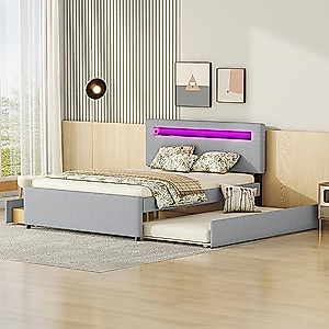FEELHOME Queen Size Upholstered Platform Bed with 2 Storage Drawers and Twin Trundle, LED Lights and USB Charging, Linen Queen Bed Frame with Headboard and Wood Slat Support, Gray