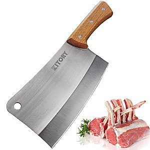 Kitory Meat Cleaver 7'' Kitchen knife, Heavy Duty Chopper, Chinese Chef’s knife for small Bone Cuttting, Full Tang, Stainless Steel, Pear Wood Handle