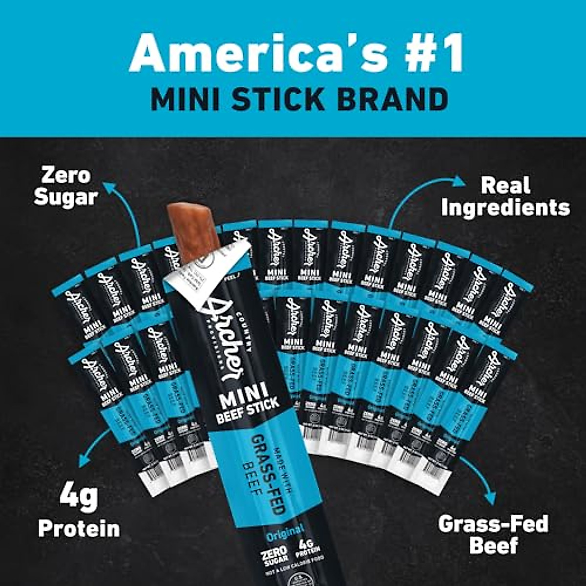 Original Mini Jerky Beef Sticks by Country Archer, 100% Grass-Fed, Gluten Free, High Protein Snacks, .5 Ounce, 28 Count