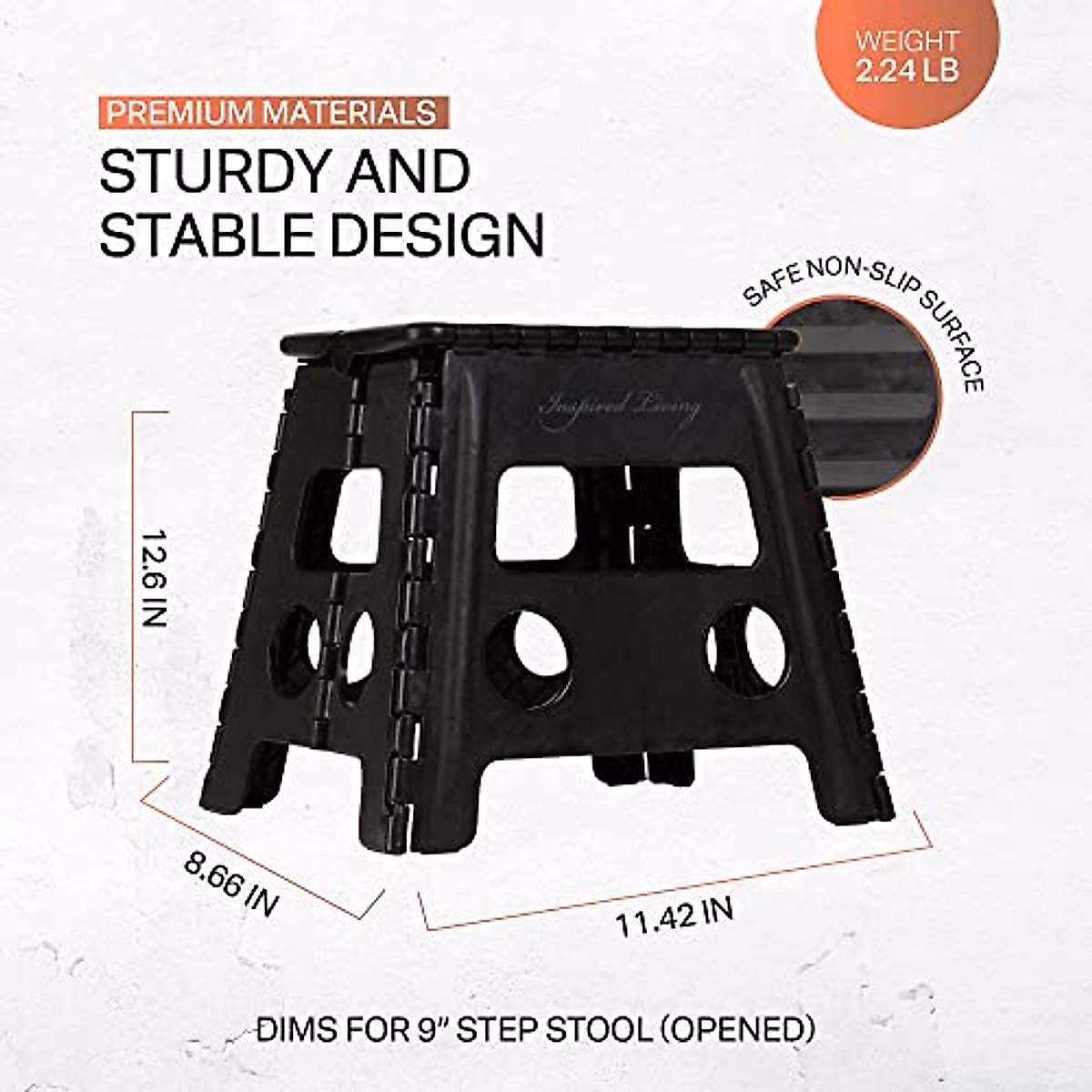 Inspired Living 13" Step Stool, Folding Step Stools for Adults, Plastic Foldable Step Stools Kids, Holds Up To 330 lbs, Collapsible Folding Stool for Kitchen, Bathroom, Bedroom - Black