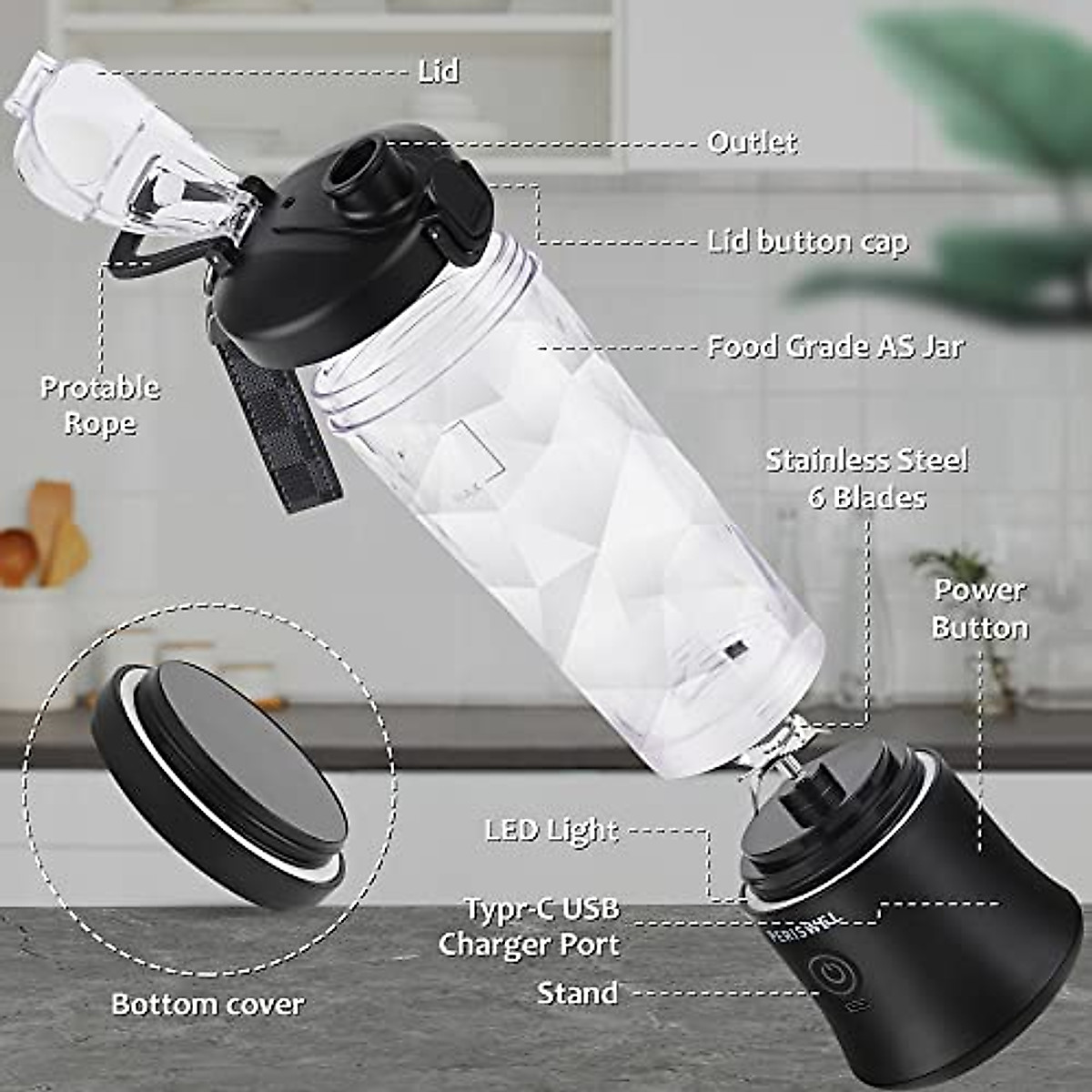 Portable Blender, Personal Size Mini Blender for Shakes and Smoothies, Personal Blender with Rechargeable USB, 20 Oz Mini Juicer Cup for Sports, Travel and Outdoors