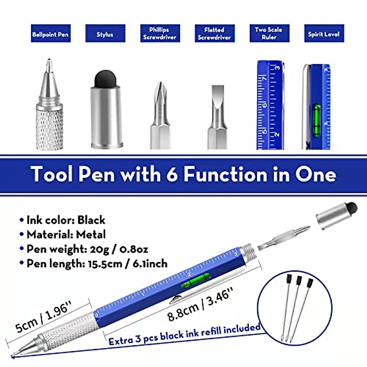 Gift for Men, Multitool Pen + Card Tool, Stocking Stuffers for Him Dad Husband Boyfriend, Ballpoint Pen with Screwdrivers / Ruler / Spirit Level / Stylus, Gift Box