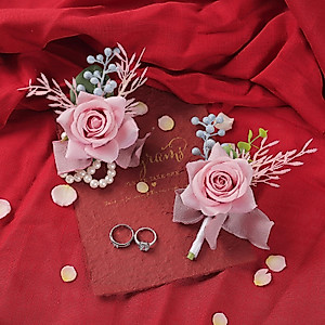 GLIDLION 2Pcs Men Boutonniere and Woman Wrist Corsage Set,Artificial Flowers Groom/Groomsman Boutonniere Pins,Bride/Bridesmaid Wrist Corsage for Wedding Party Homecoming Prom (Dusty Pink)