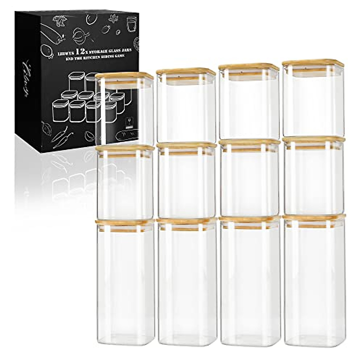 LIBWYS Square Pantry Glass Storage Jars with Bamboo Lids Set of 12, 297oz Airtight Food Containers Kitchen Storage Jars - Dishwasher Safe (12pack)
