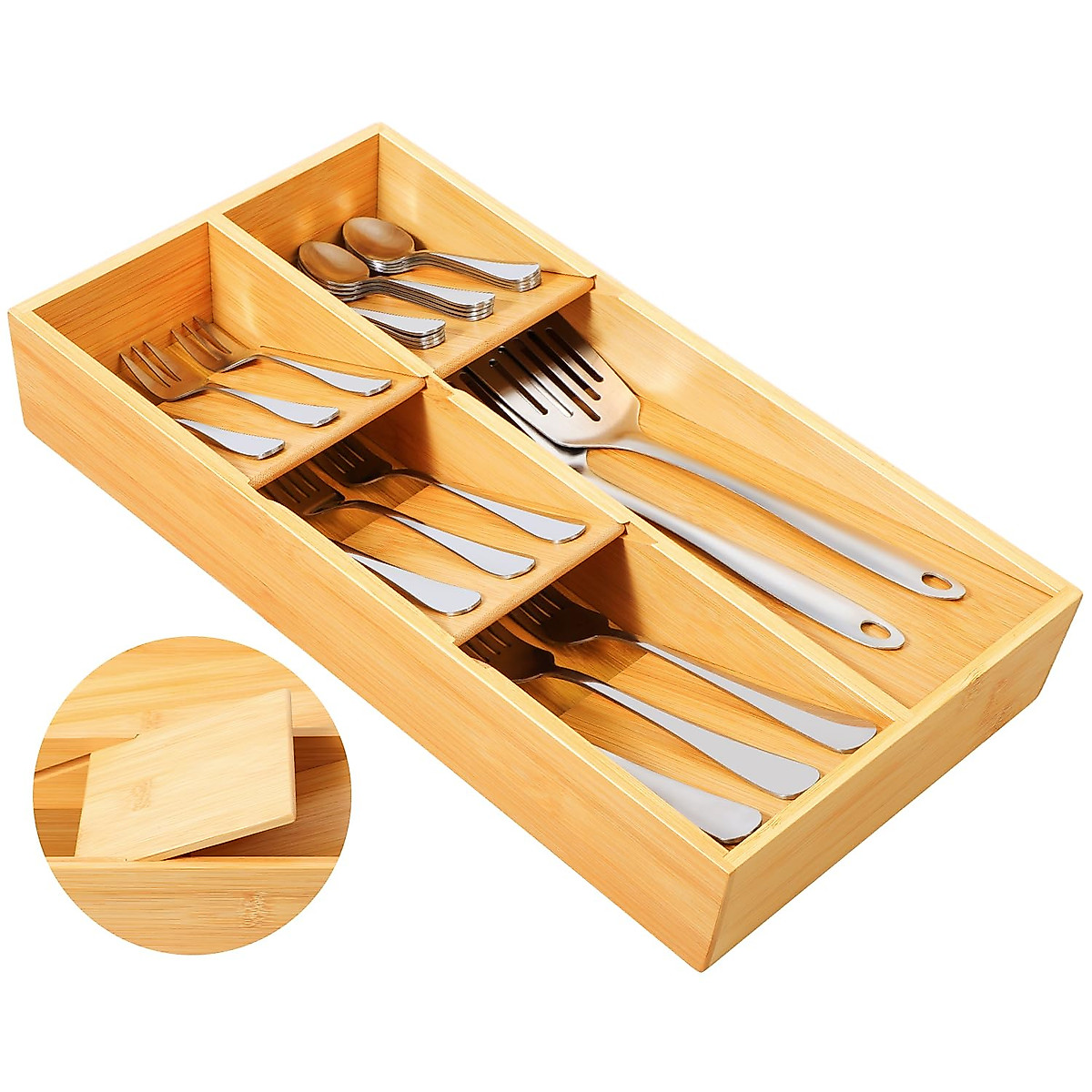 Mooues Bamboo Silverware Drawer Organizer, Removable Dividers Kitchen Utensil Drawer Organizer for Different Dimension Flatware, Spoons, Forks, Knives (Natural, 5 Slots)