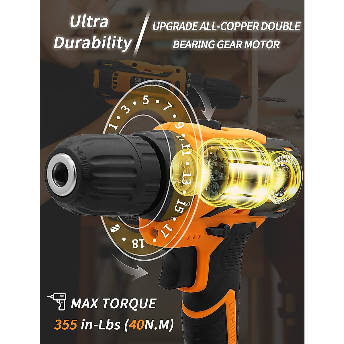 Power Drill Cordless,21V Electric Power Drill Set,18+1 Clutch & Variable Speed,3/8-Inch Keyless Chuck，40NM（355in-Lbs）Max Torque,with a Battery & Charger,and other Accessories