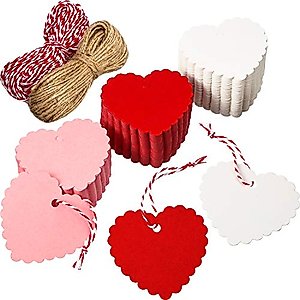 300 Pieces Valentine's Day Gift Tags Heart Shape Kraft Paper Tags Hang Label Hanging Decoration with Strings for Valentine's Party DIY Wrapping Supplies (Red, White, Pink)