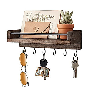 Mkono Key Holder for Wall, 9.5" x 3.5" x 2.5" Small Rustic Wood Floating Shelf with 6 Hooks Decorative Display Key Hanger for Living Room, Entryway, Bedroom, Bathroom,Office, Home Decor