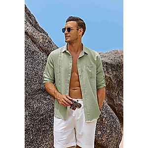 COOFANDY Guayabera Shirts for Men Long Sleeve Linen Cuban Shirts for Men Casual Button Down Shirts Beach Shirts Light Green