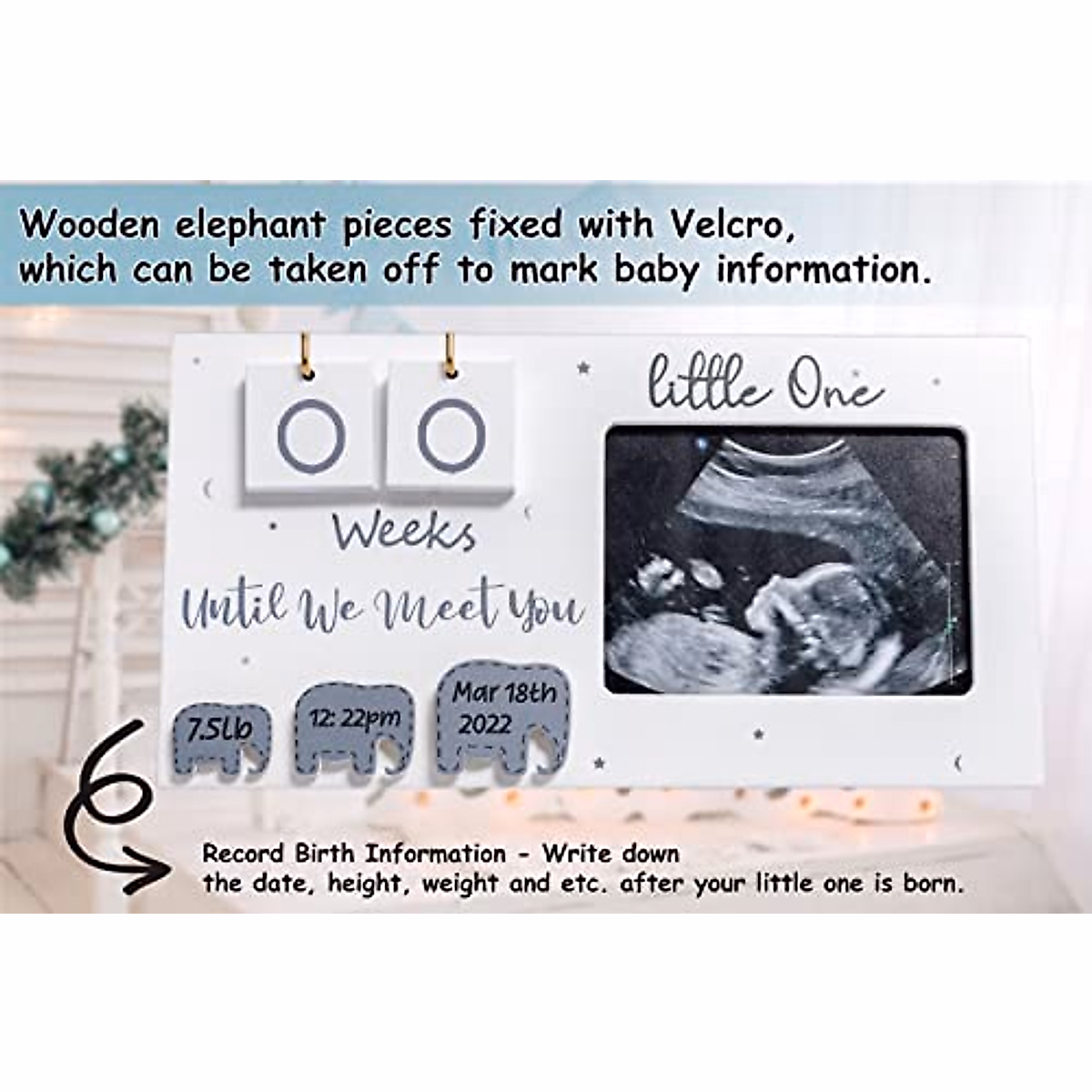 Sonogram Picture Frame, Ultrasound Photo Frame with Baby Countdown Weeks, Baby Announcement, Elephant Nursery Decor for Birth Information, Expecting Parents to be Unique Gifts for Pregnant Women