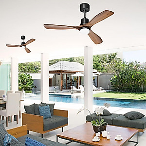 Obabala Ceiling Fans with Lights and Remote Indoor/Outdoor Ceiling Fan with 3 Walnut Wood Blades,42-inch,Matte Black