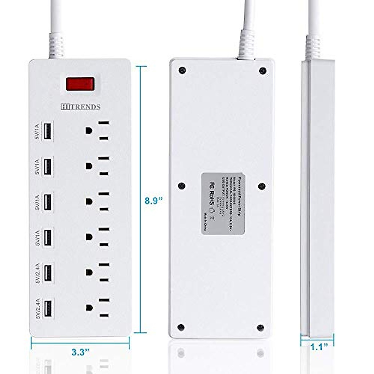 HITRENDS Power Strip Surge Protector 6 Outlets with 6 USB Ports & 8 Ports USB Charging Station - White