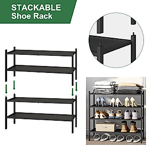 kiplant Shoe Rack for Entryway, Black Bamboo Shoe Rack 4-Tier, Stackable Shoe Organizer for Hallway Closet, Free Standing Shoe Racks for Indoor Outdoor