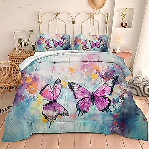 Dreamy Black Purple Butterfly Pattern Comforter Set for Girls Women Twin Size Watercolor Art Insect Butterflies Print Sage Blue Bedding Duvet Set Soft Kids Adult Bedroom Quilt Set with 1Pillowcase