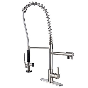 Commercial Kitchen Faucet with Pre-Rinse Sprayer, WOWOW Solid Brass Commercial Restaurant Faucet 1 or 3 Hole Spring Kitchen Faucet with Deck Plate, Brushed Nickel