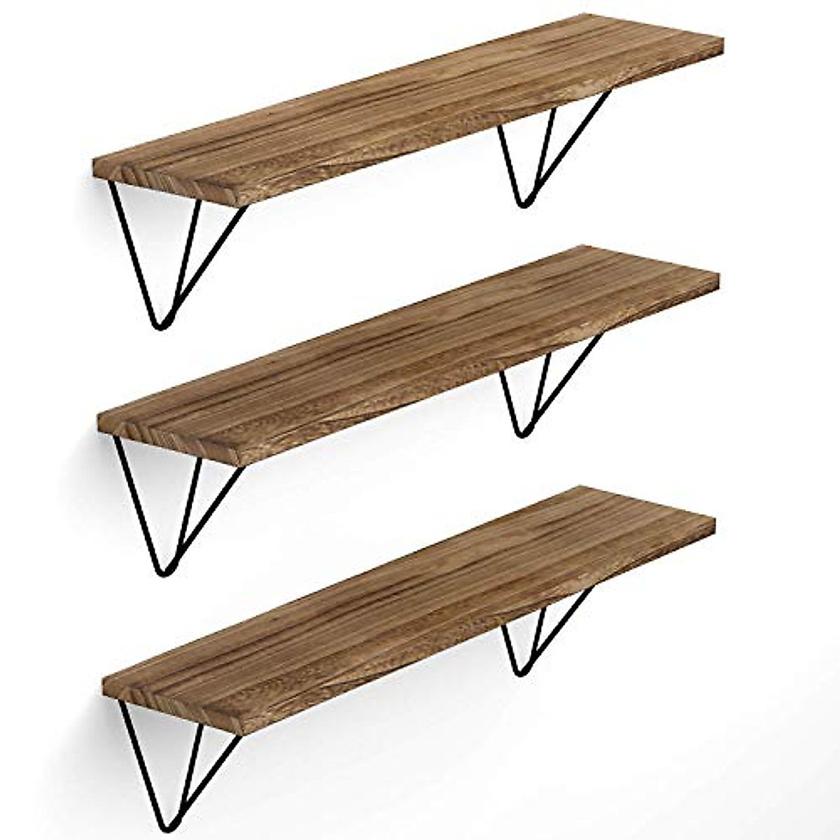 Wallniture Colmar Floating Shelves for Wall, 24 Inch Geometric Triangle Shelf Set of 3 for Living Room Décor Burned Storage Shelves with Black Shelf Brackets