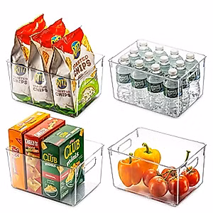 Set Of 4 Clear Pantry Organizer Bins Household Plastic Food Storage Basket with Cutout Handles for Kitchen, Countertops, Cabinets, Refrigerator, Freezer, Bedrooms, Bathrooms - 11" Wide