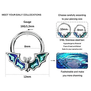 OUFER 16G Septum Rings Hoops, 316L Stainless Steel Septum Piercings, Black Bat Design Cartilage Earrings, Helix Conch Daith Piercing Jewelry for Women and Men-10MM