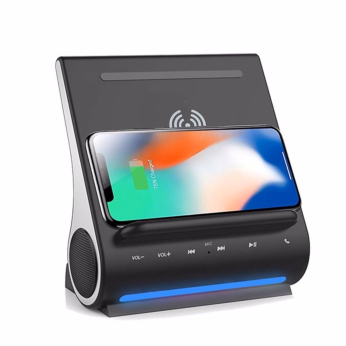 Fast 15 Watts Wireless Charger Sound Hub Bluetooth Speaker with Upgraded Mic Handsfree Calling Two USB Ports, Upright View Angle, Space Saving 4 in 1 Dock