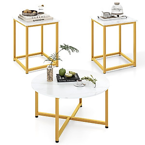 Giantex Round Nesting Table Set of 3, Modern Faux Marble Coffee Table w/2 End Tables, Sturdy Metal Frame, 3-Piece Wooden Living Room Table Set for Home Office, Apartment (White & Gold)