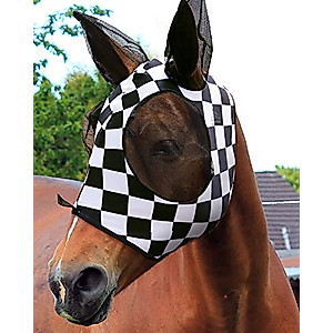 Harrison Howard Super Comfort Horse Fly Mask Elasticity Fly Mask with Ears UV Protection for Horse Checker Board L Full Size