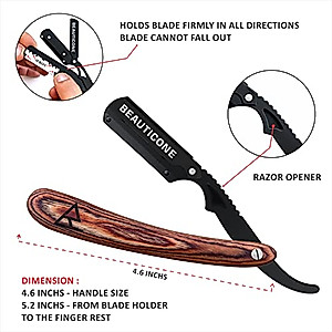 BEAUTICONE Straight Razor for Men, Professional Brown Wooden Razor with Black Blade Barber Razor with 100 Single Edge Blades, Straight Edge Single Blade Razors