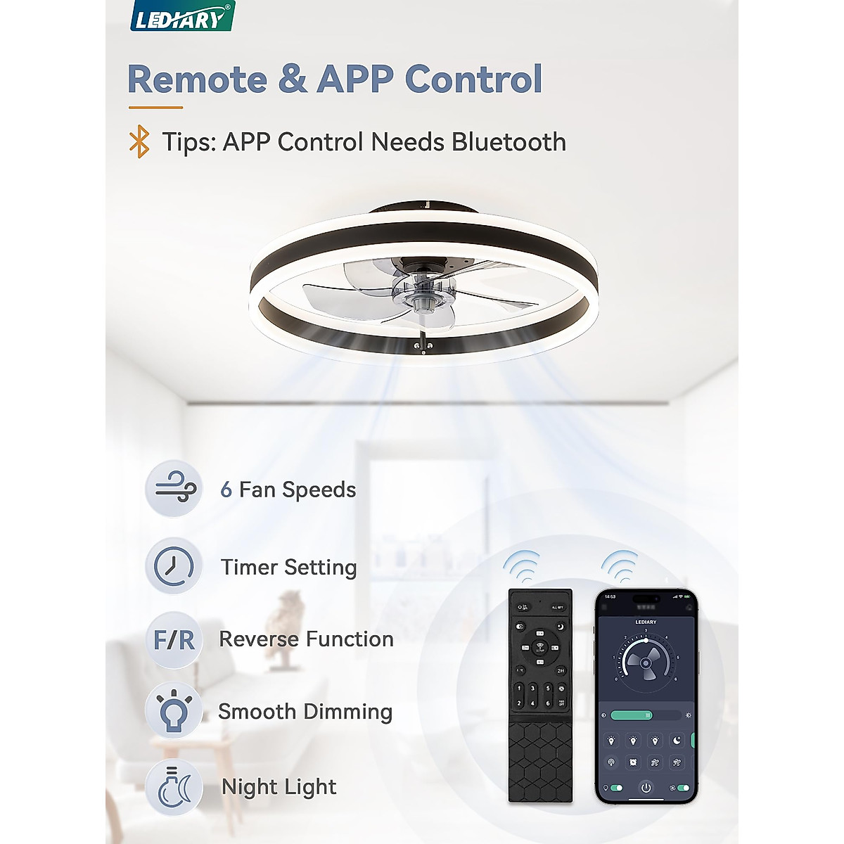 LEDIARY Low Profile Ceiling Fans with Lights, Flush Mount Modern Ceiling Fan and Remote Control, 19.7" LED Ceiling Fans, Stepless Dimmable 3 Colors and 6 Speeds - Black