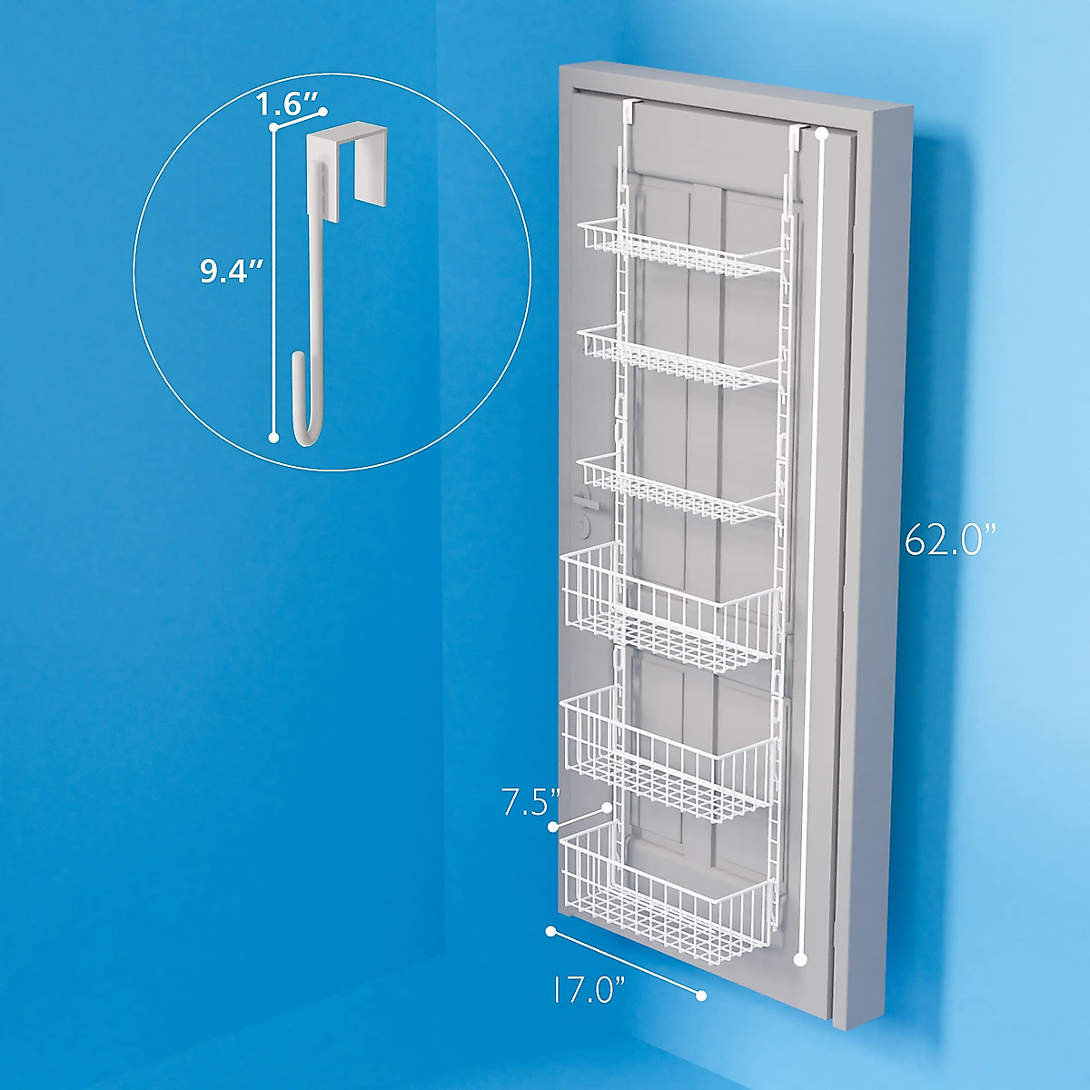 Qboid Sp Over The Door Pantry Organizer - With 6 Adjustable Shelves - Alloy Steel Metal - Hanging - Wall Mount - Storage Door Organization Kitchen Spice Rack,Cans,Closet,Bathroom-White
