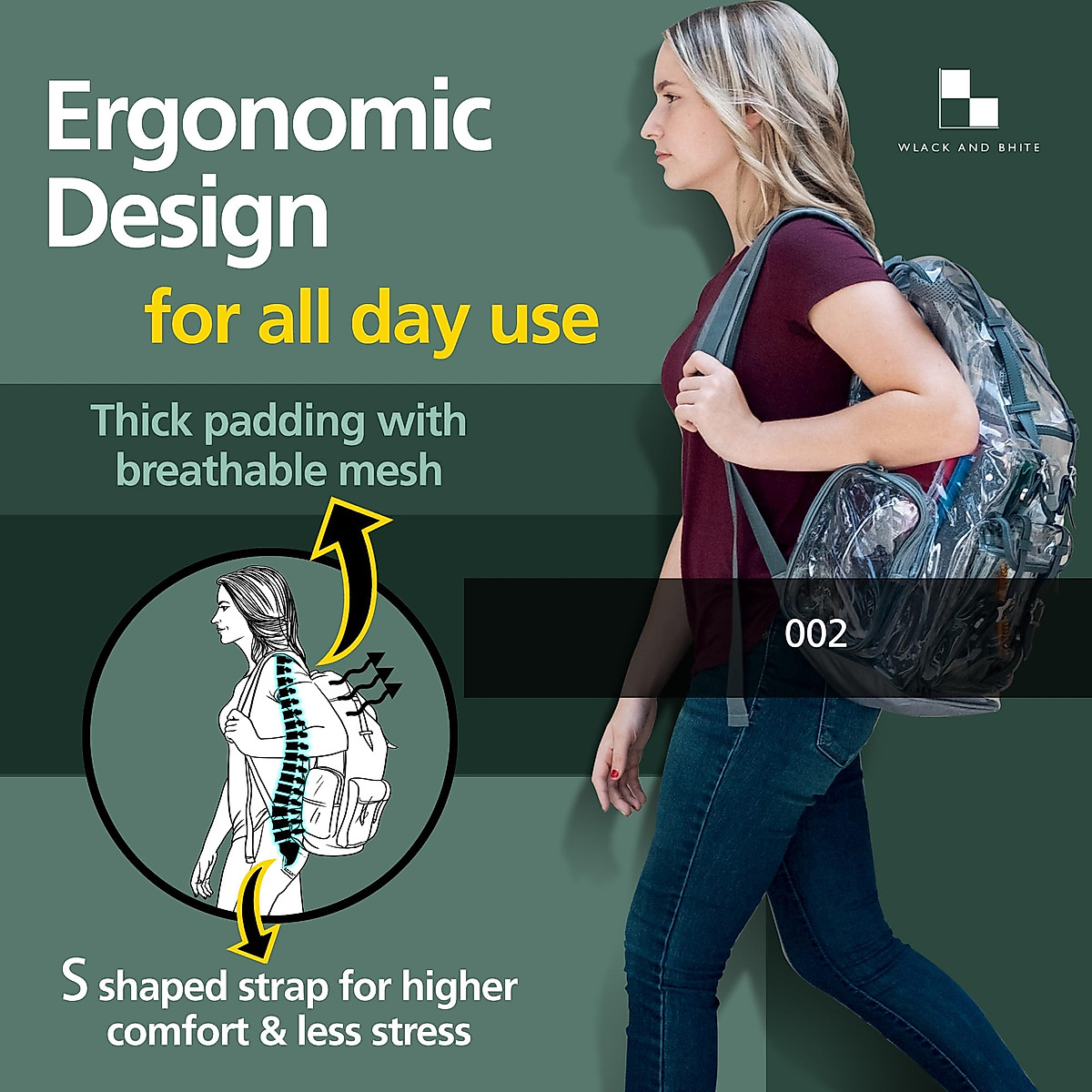 Heavy Duty Clear Backpack with Mesh Organizer, Clear Bookbag (Large, Black)