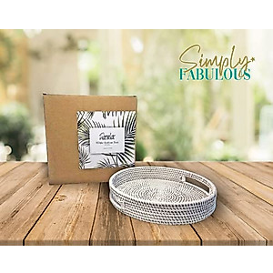 SIMPLY FABULOUS White Round Rattan Serving Tray, 10.6 inch, Strong, Durable Versatile for The Ottoman or a Table