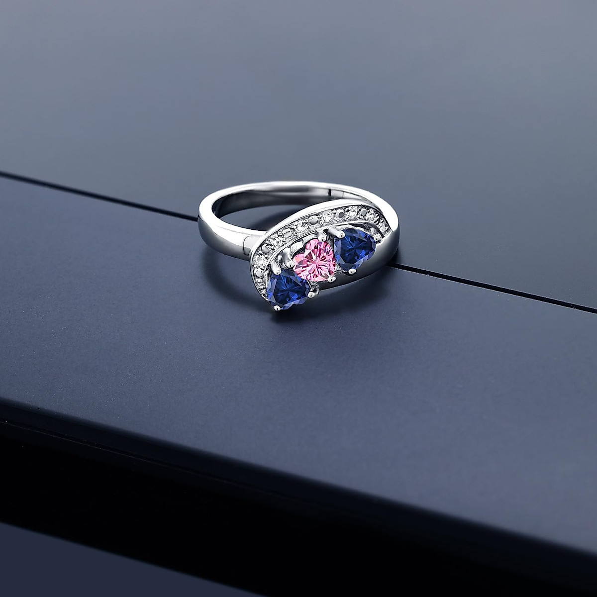 Gem Stone King 925 Sterling Silver Pink Moissanite and Blue Created Sapphire and White Created Sapphire Engagement Ring For Women (1.31 Cttw, Gemstone, Heart Shape 4MM, Size 7)