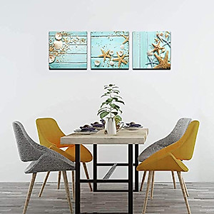 Nachic Wall - Teal Blue Canvas Wall Art Seashell Starfish Pictures Wall Decor Modern Sea Ocean Painting on Canvas Bathroom Decoration Stretched and Framed Ready to Hang