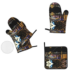 Las Vegas Night View Extra Long Oven Gloves and Hot Pads Set 4pcs for Cooking and Baking with Pockets