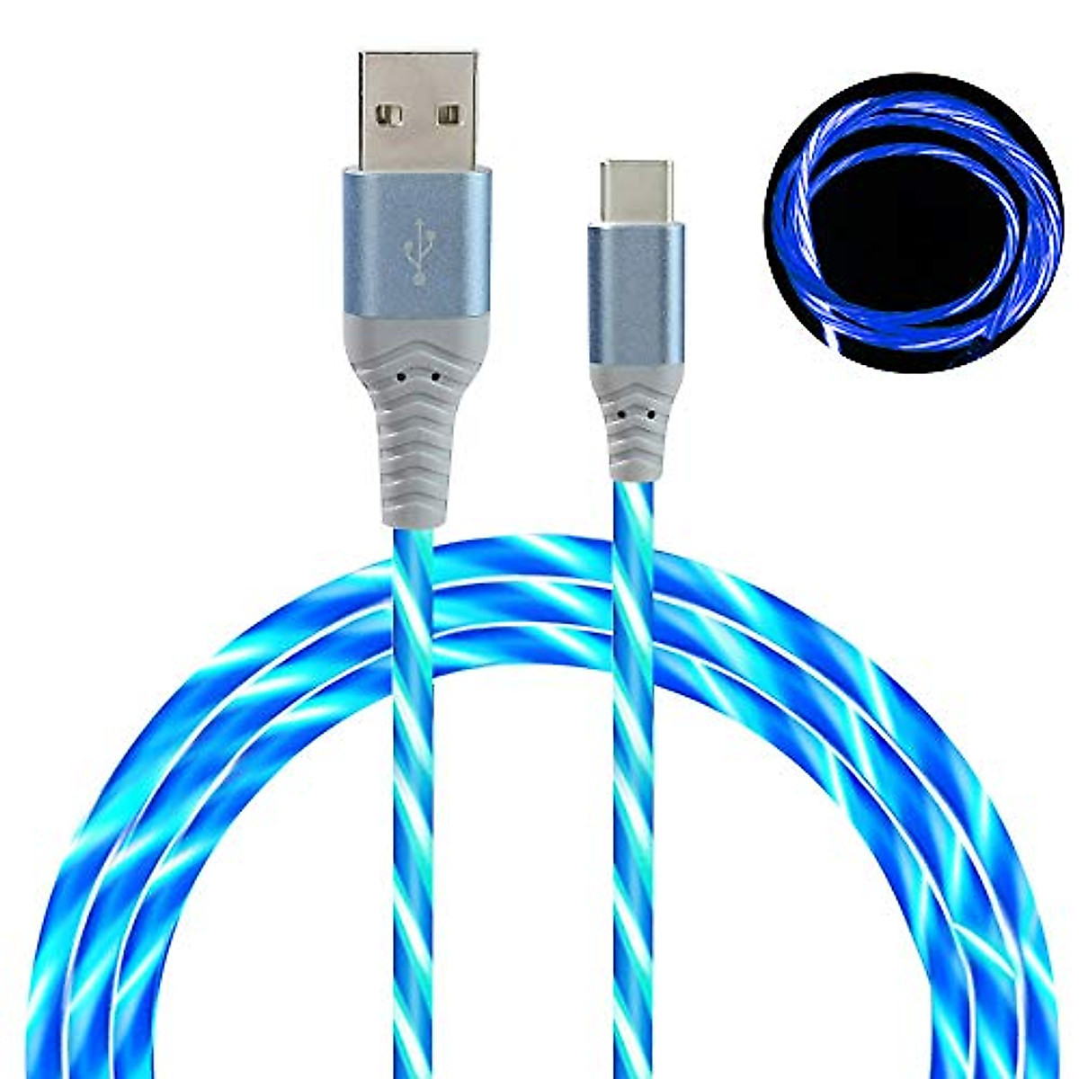 LED USB C Cable 2 Pack 6FT, Light Up Visible Flowing LED Type C Fast Charging Cable Compatible with Samsung Galaxy S21 S20 S10 Plus, Note 20 10 9, LG, Pixel and More (Blue&Green)