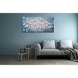 YHSKY ARTS Floral Canvas Wall Art Hand Painted Blue and White Heavy Textured Painting Modern Abstract Flower Pictures Contemporary Artwork for Living Room Bedroom Office Decoration