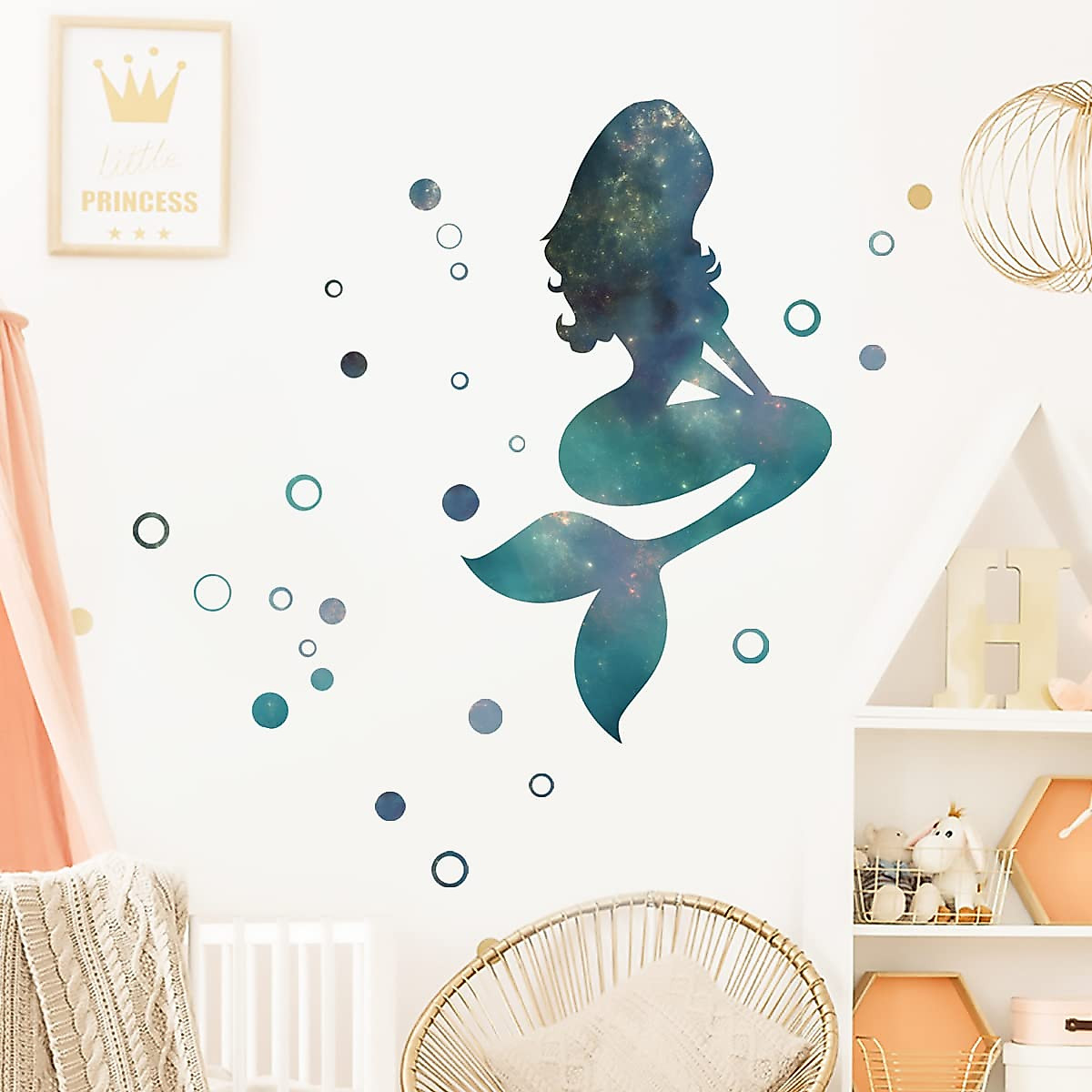 Starry Sky Mermaid Wall Decals Big Mermaid Wall Stickers Peel and Stick DIY Removable Mermaid Green Bubbles Vinyl Wall Art Decor for Kids Baby Bedroom Nursery Bathroom Door Stickers DT-1912