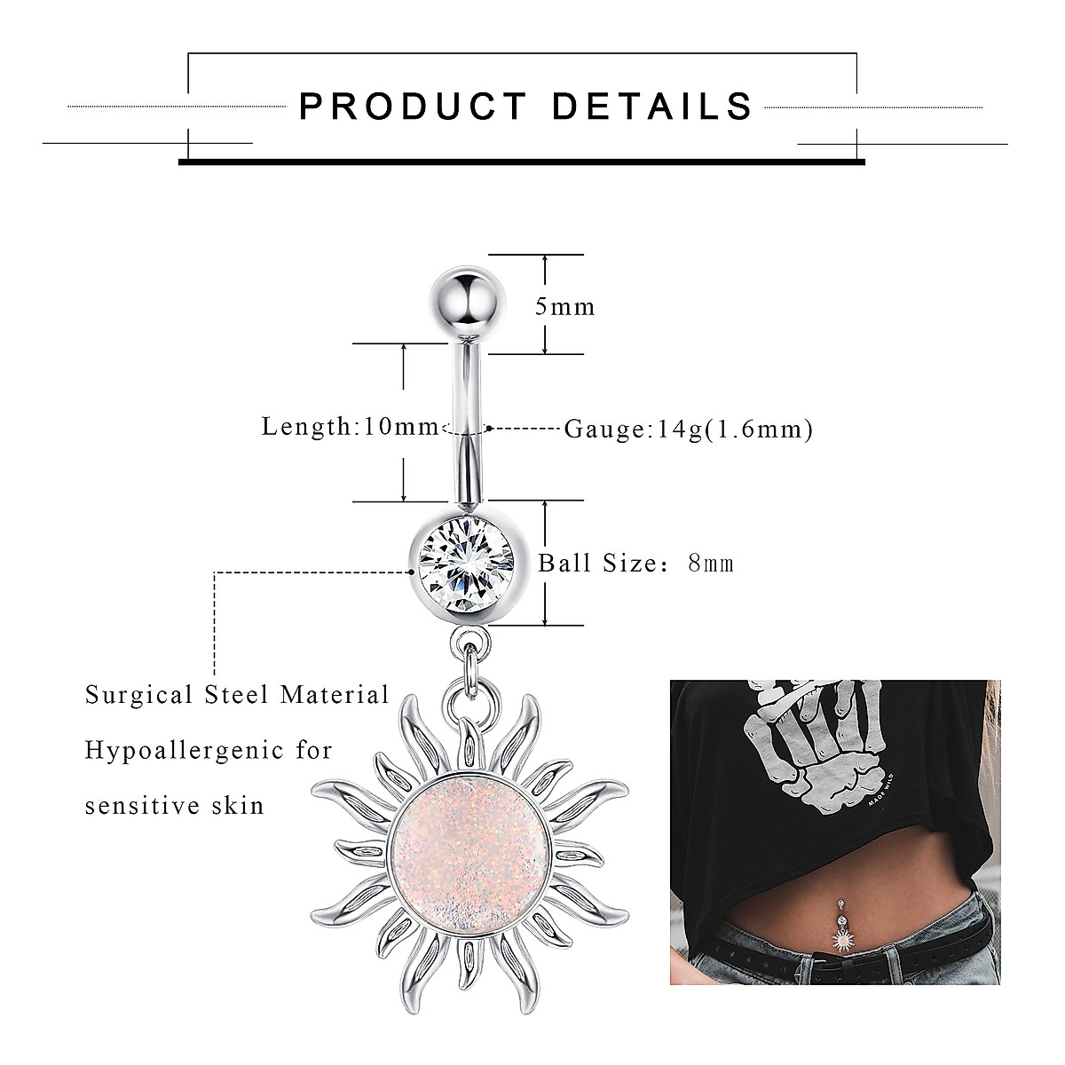 Drperfect 14G Belly Button Rings Dangle with Opal Feather Sun Moon Star for Women Belly Rings Navel Rings 316L Surgical Steel Belly Navel Piercing Jewelry (Silver Tone)