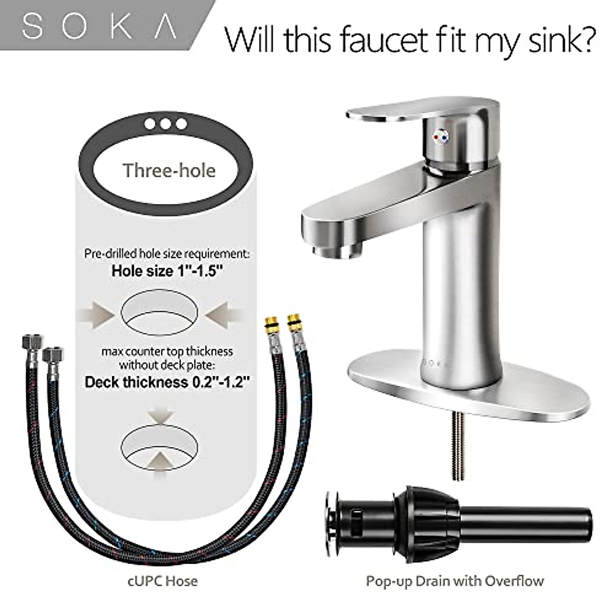 SOKA Bathroom Sink Faucet, Straight Head, Brushed Nickel