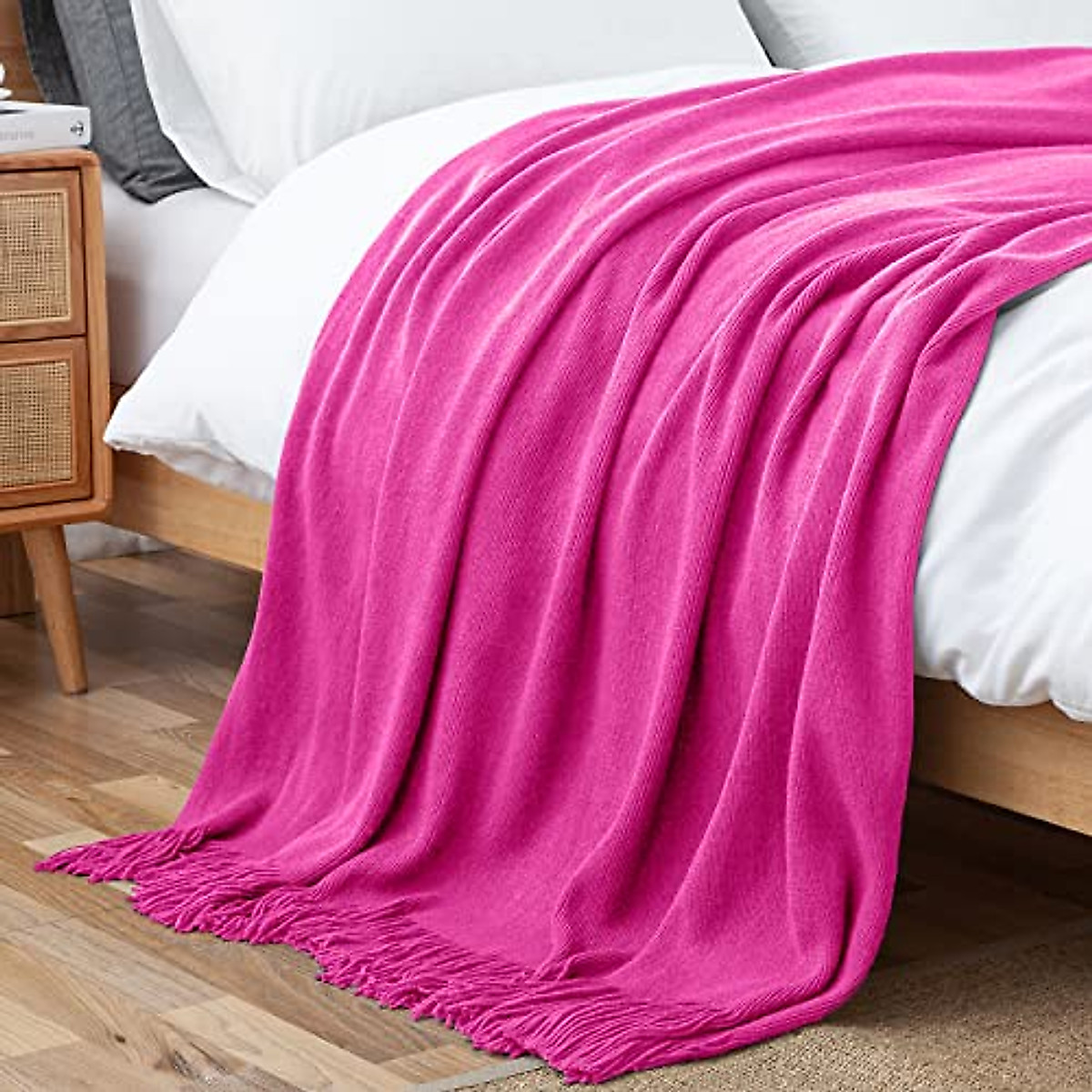 Vonty Hot Pink Knitted Blanket with Tassels Fringe 50" x 60", Super Soft Knit Throw Blanket, Farmhouse Decorative Lightweight Blanket for Couch, Sofa, Bed