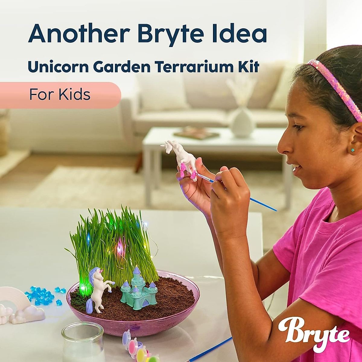 Bryte Light Up Unicorn Terrarium Kit for Kids - Grow Plant, Castle, Paint Set, Crystal Rock, Fairy Garden Lights, Arts & Crafts, STEM Activities, Birthday Gifts, Toys for Girls Aged 4 –12 yrs