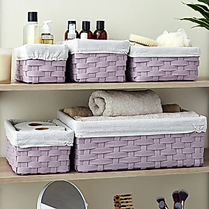 5 Piece Set Woven Nesting Storage Baskets, Decorative Wicker Bins for Organizing, Lavender (3 Sizes)