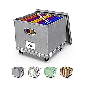 Oterri File Box,Upgraded Filing Box, Easy Slide File Boxes for Hanging Files with Lid,Linen Rolling Filing Cabinet,Portable File Organizer for Letter Size,Collapsible Document Organizer Box with 4