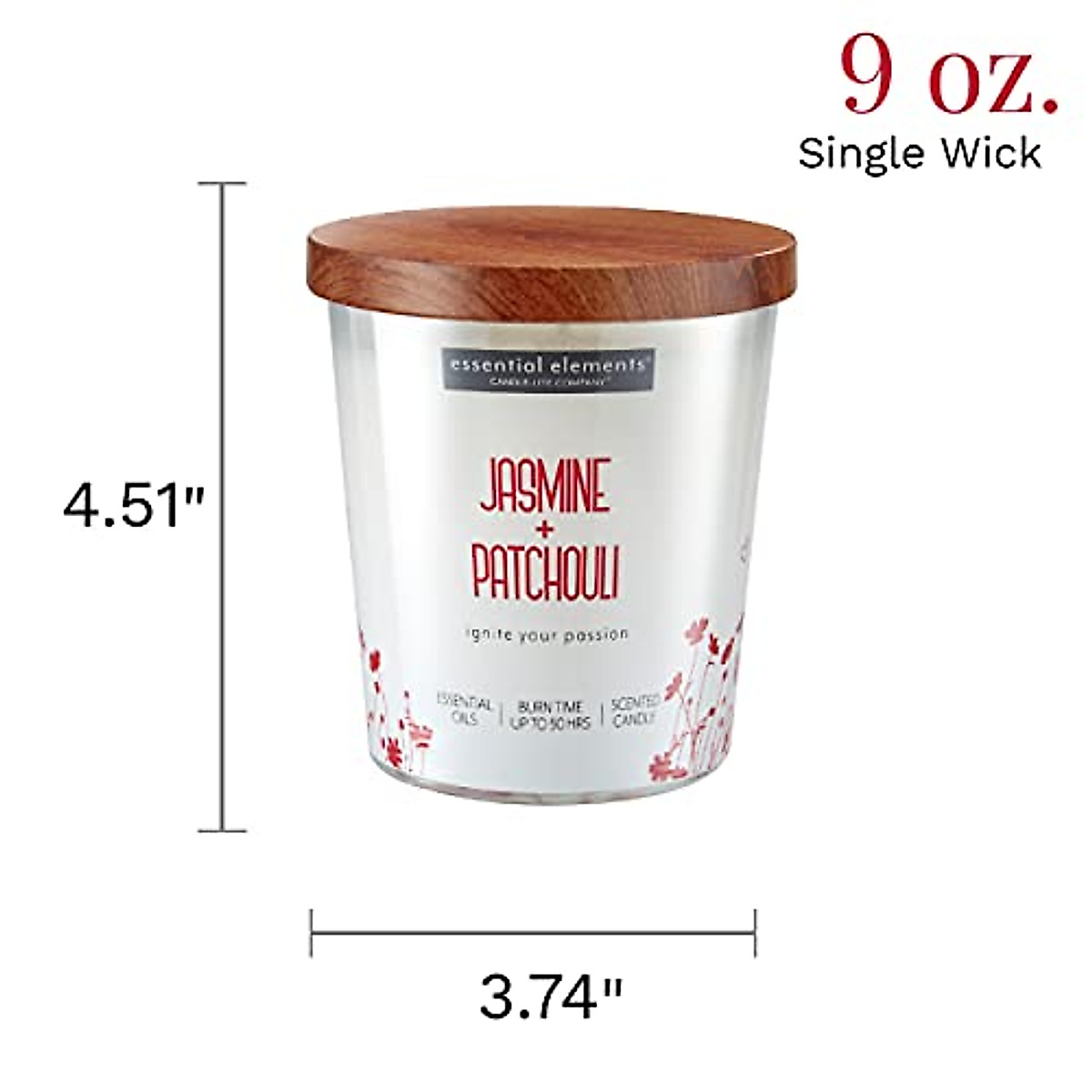 Essential Elements by Candle-lite Scented Candles, Jasmine & Patchouli Fragrance, One 9 oz. Single-Wick Aromatherapy Candle with 50 Hours of Burn Time, Off-White Color