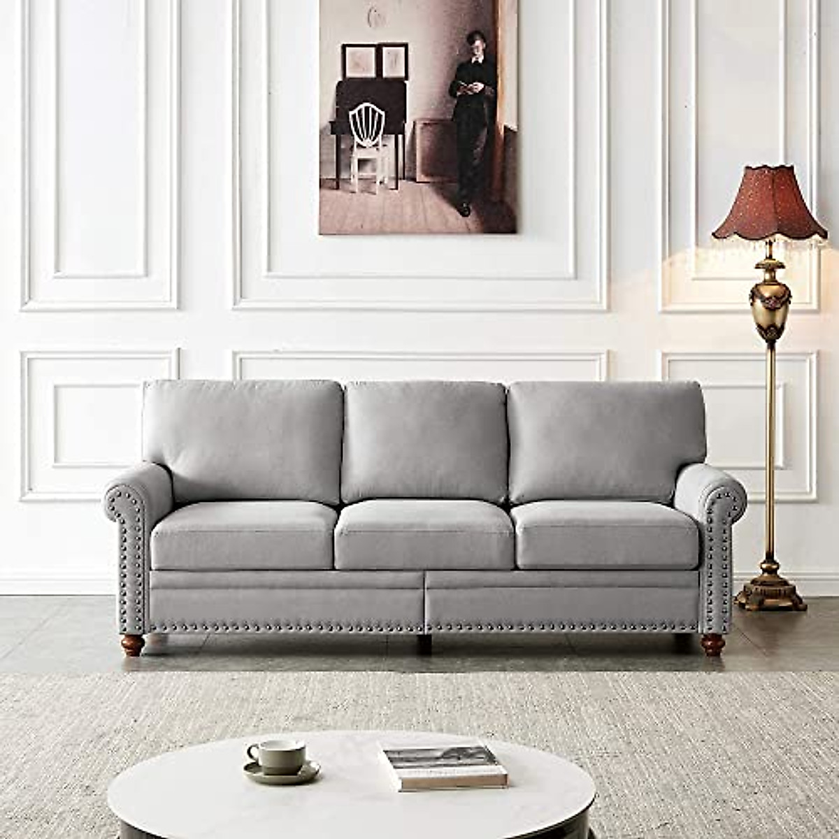 Lestar Fabric Sofa Couch 3 Seats Modern Upholstered Sofas 3 Seater Couches with Nails and Armrests (Grey)