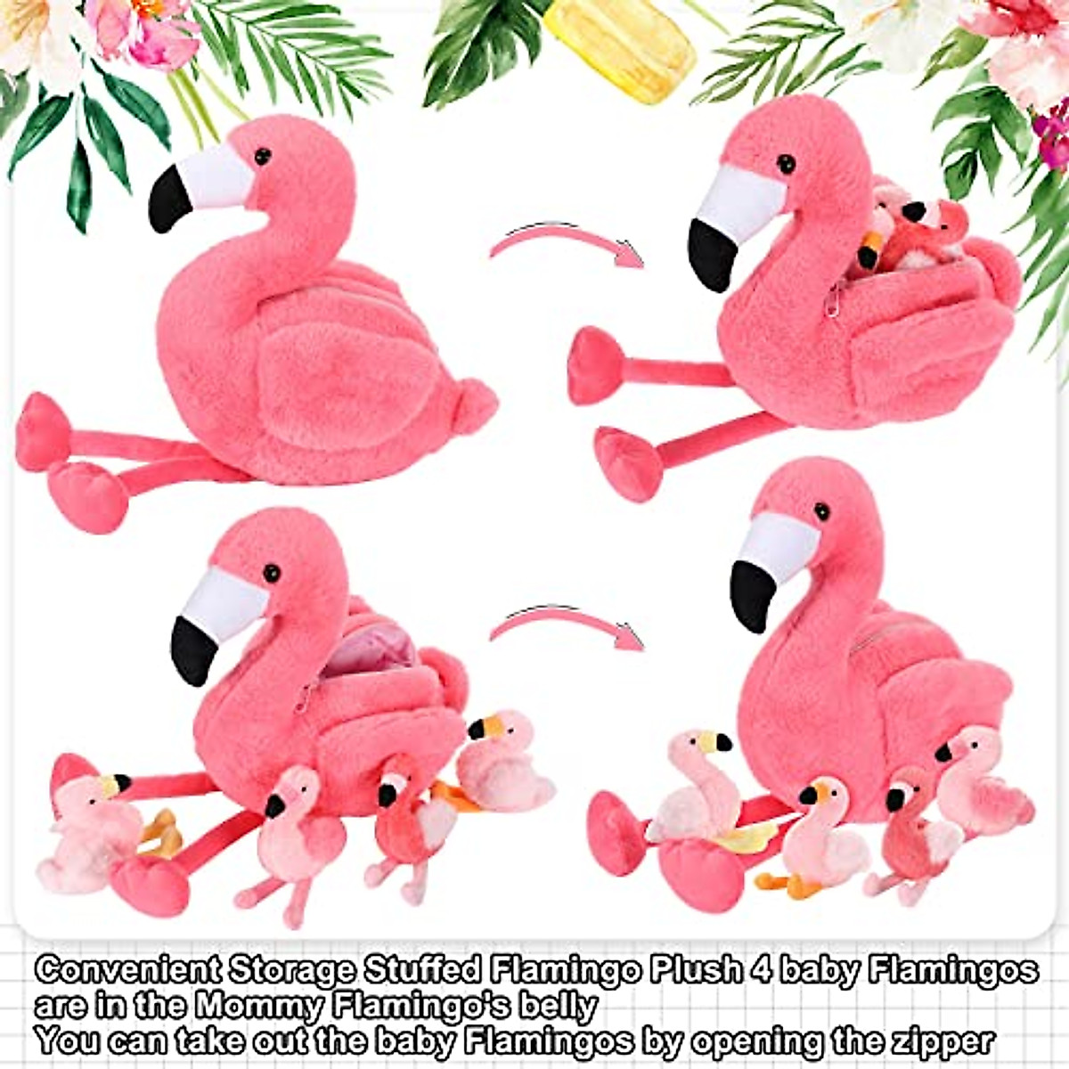Skylety 18 Inches Flamingo Stuffed Animal with 4 Babies Flamingo Plush Toys Inside Zippered Tummy Pink Mommy Flamingo Toy Stuffed Animals for Birthday Party Decorations