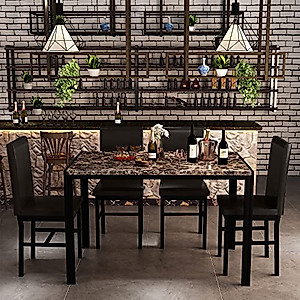 Dining Table Set for 4, Furniture 5 Piece Faux Marble Dining Set, 4 Faux Leather Metal Frame Chairs, Dinette, Compact Space w/Artificial Marble for Small Spaces, Dining Room, Kitchen