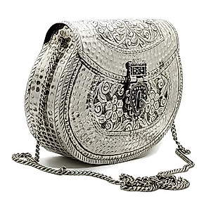 Women gift silver Brass floral design embossed Metal bag Bridal Clutch Party Purse bridal clutch evening bag, Silver