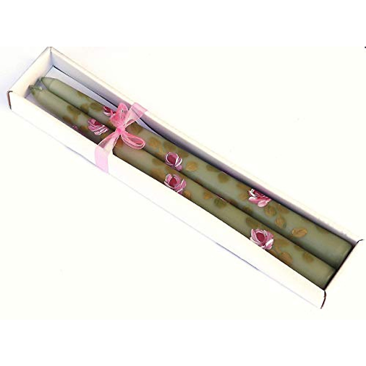 Dripless Unscented Olive Sage Green Romantic 10 Inch Long Taper Dinner Candles Set with Painted Pink Roses